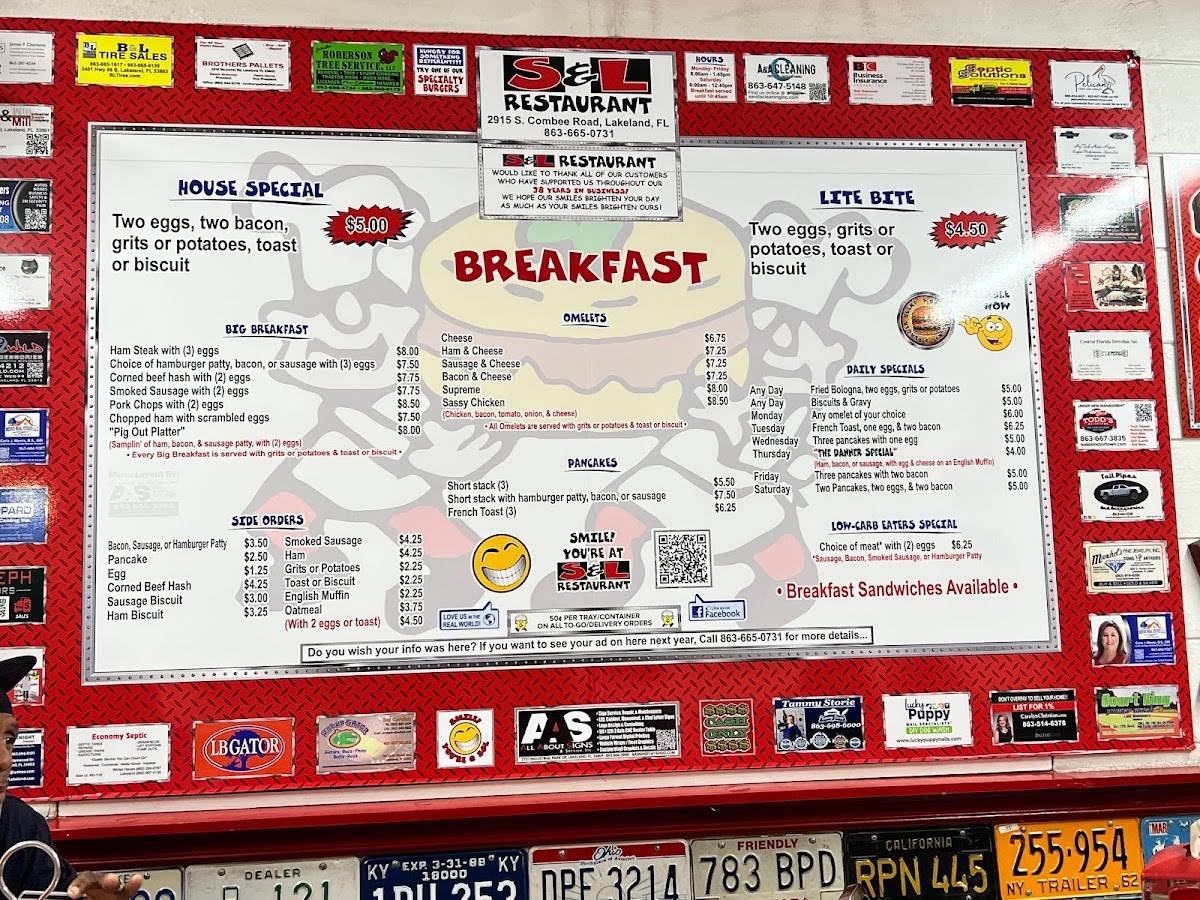 Menu at S&L Restaurant, Lakeland