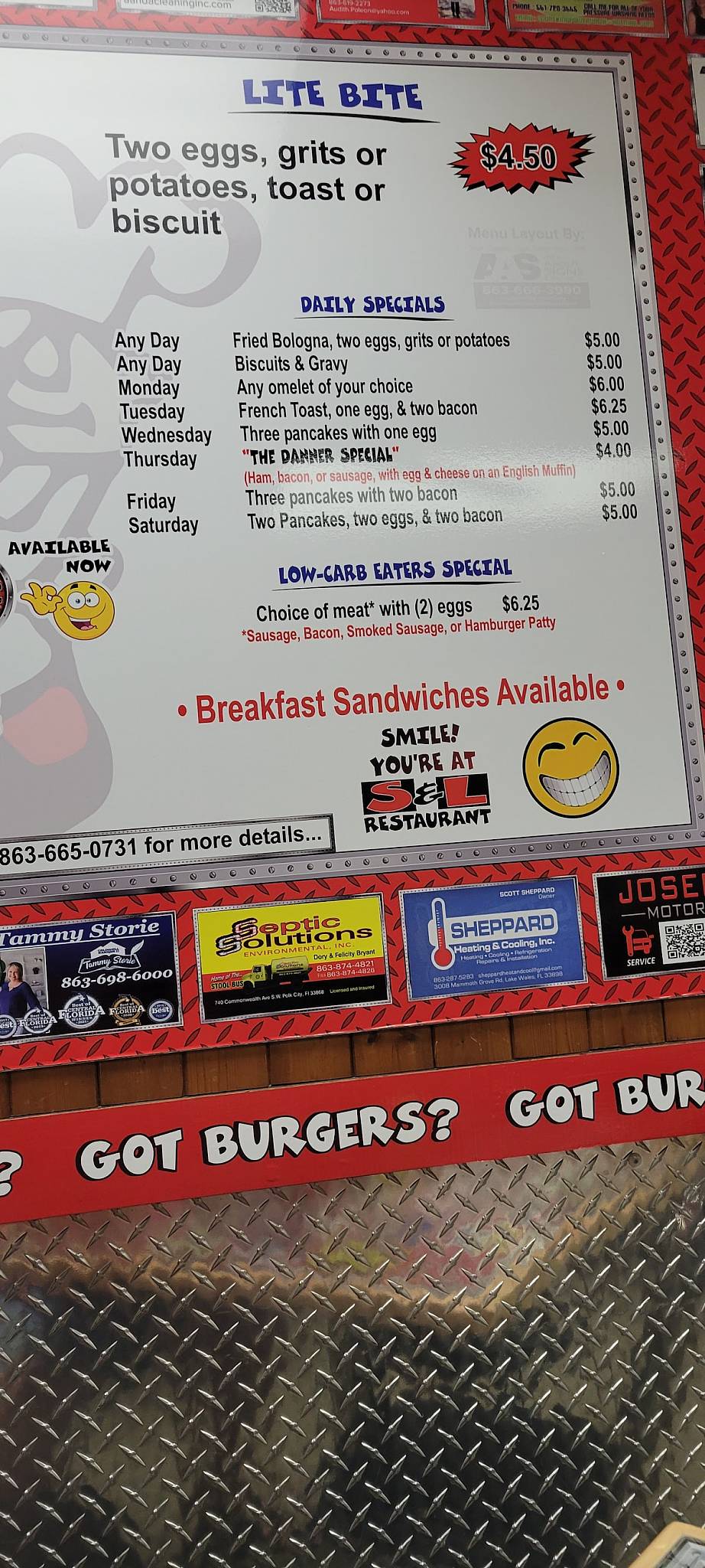 Menu at S&L Restaurant, Lakeland