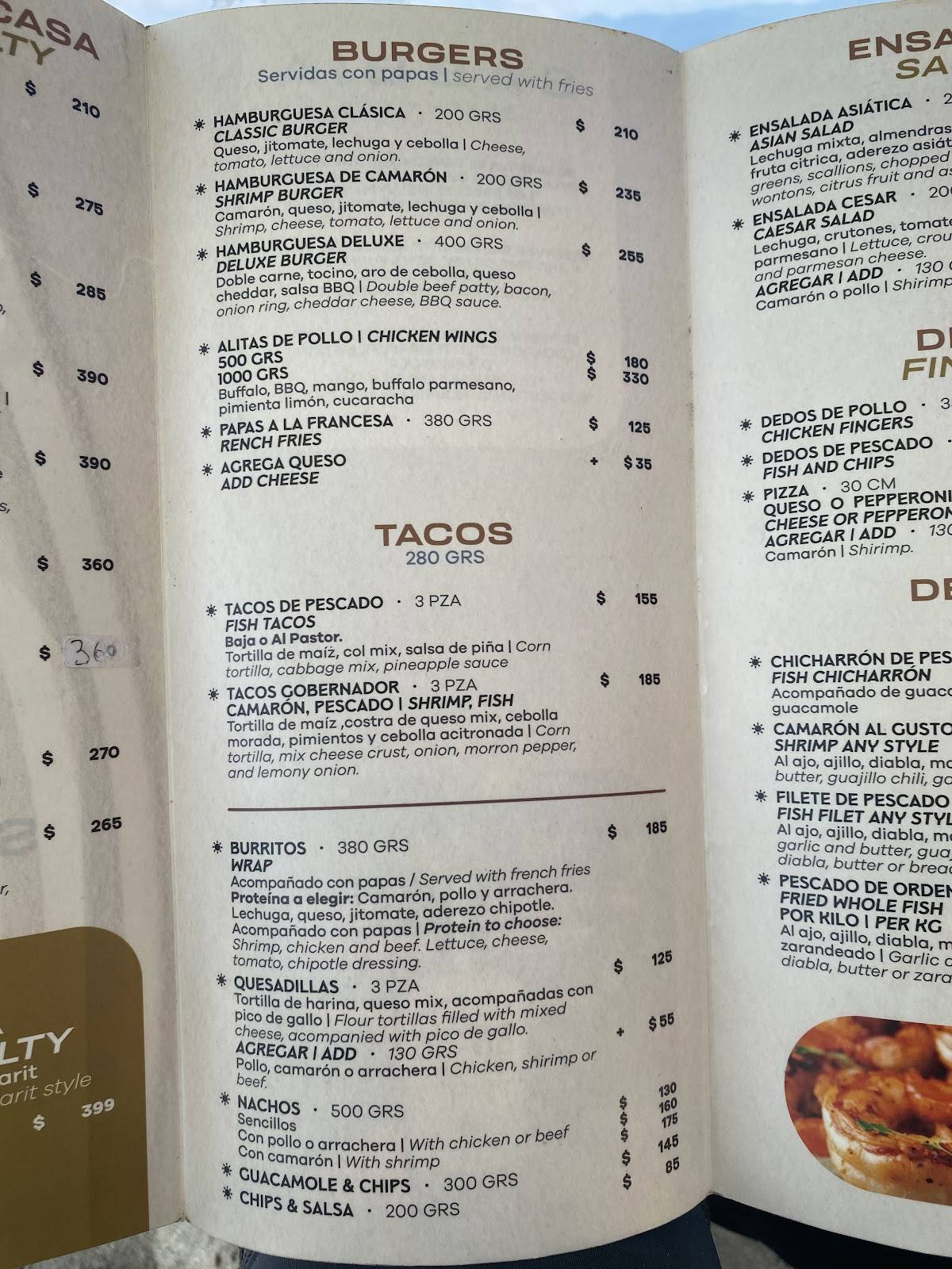 Menu at SABBIA beach club, Nuevo Vallarta, Paseo de los Cocoteros
