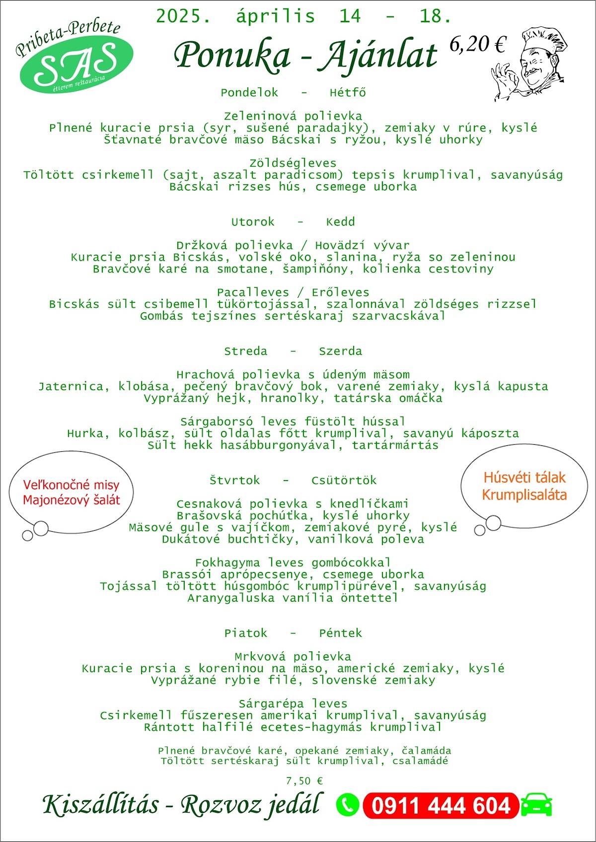 Menu at SAS reštaurácia restaurant, Pribeta