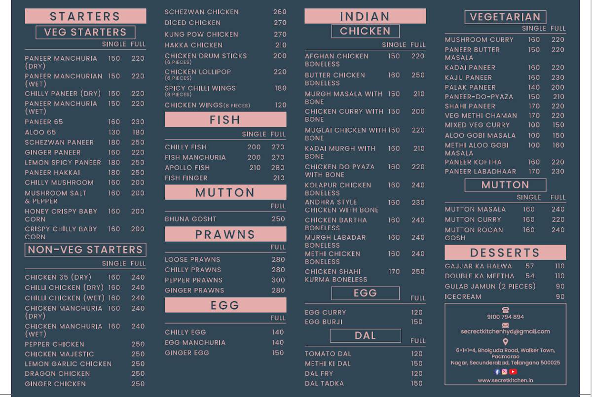 Menu at SECRET KITCHEN RESTAURANT, Secunderabad, 6-1-1 to 6-1-4