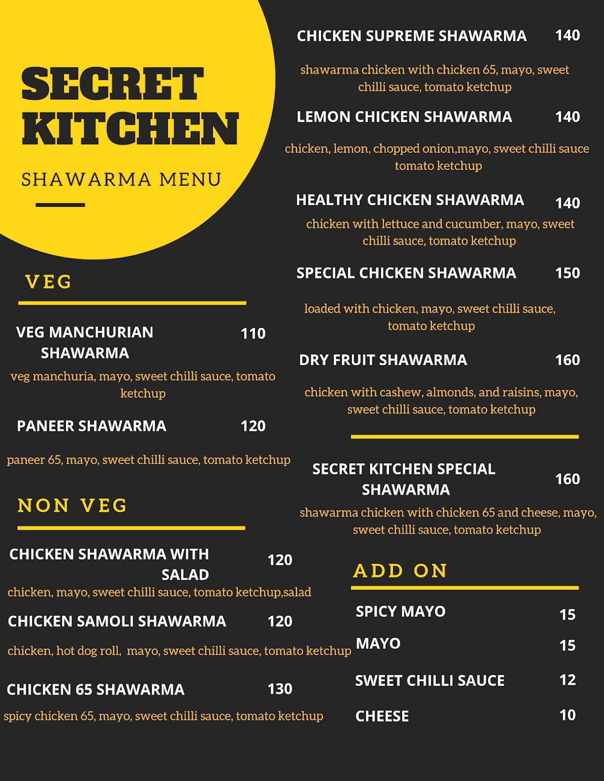 Menu at SECRET KITCHEN RESTAURANT, Secunderabad, 6-1-1 to 6-1-4