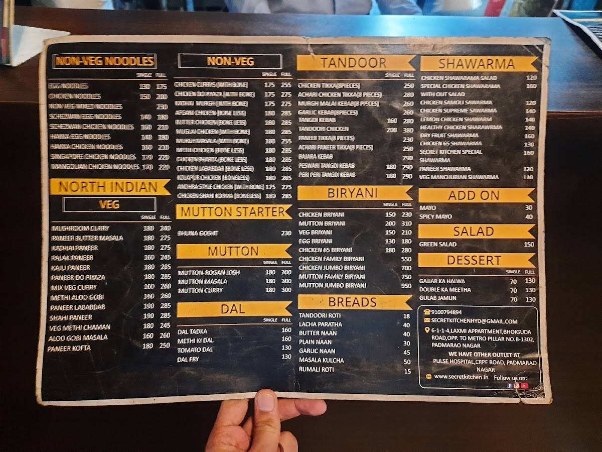 Menu at SECRET KITCHEN RESTAURANT, Secunderabad, 6-1-1 to 6-1-4