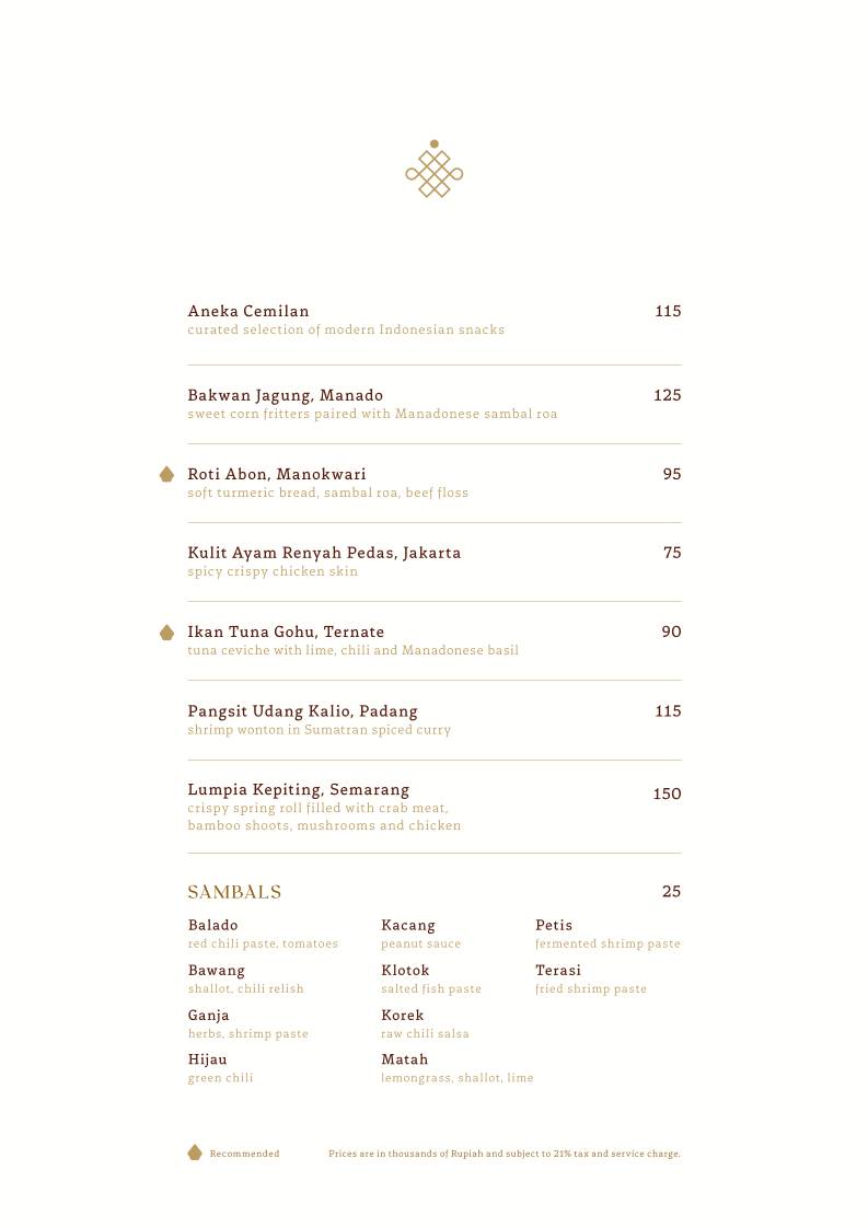 Menu at SEMAJA Menteng restaurant, Jakarta