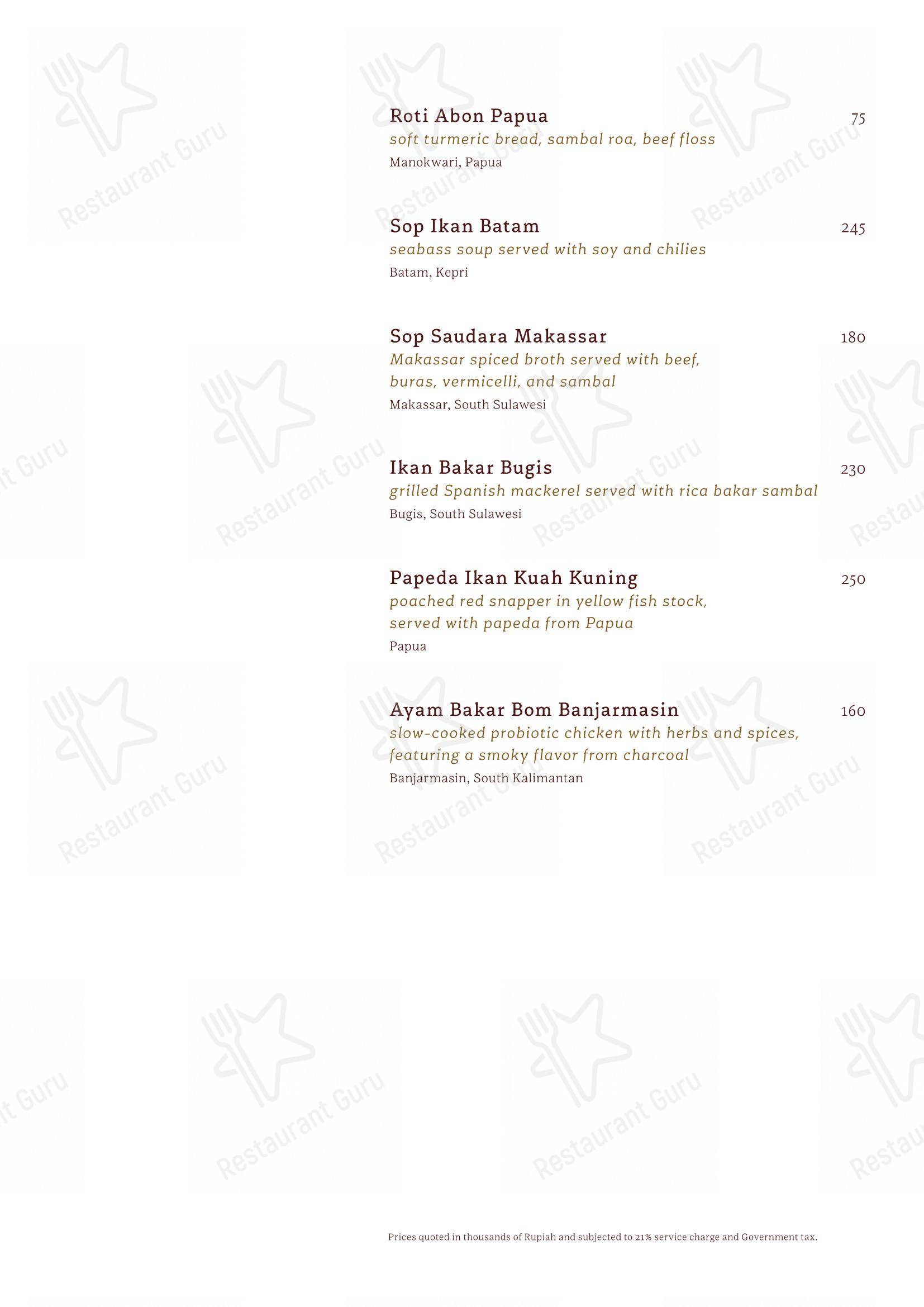 Menu at SEMAJA Menteng restaurant, Jakarta