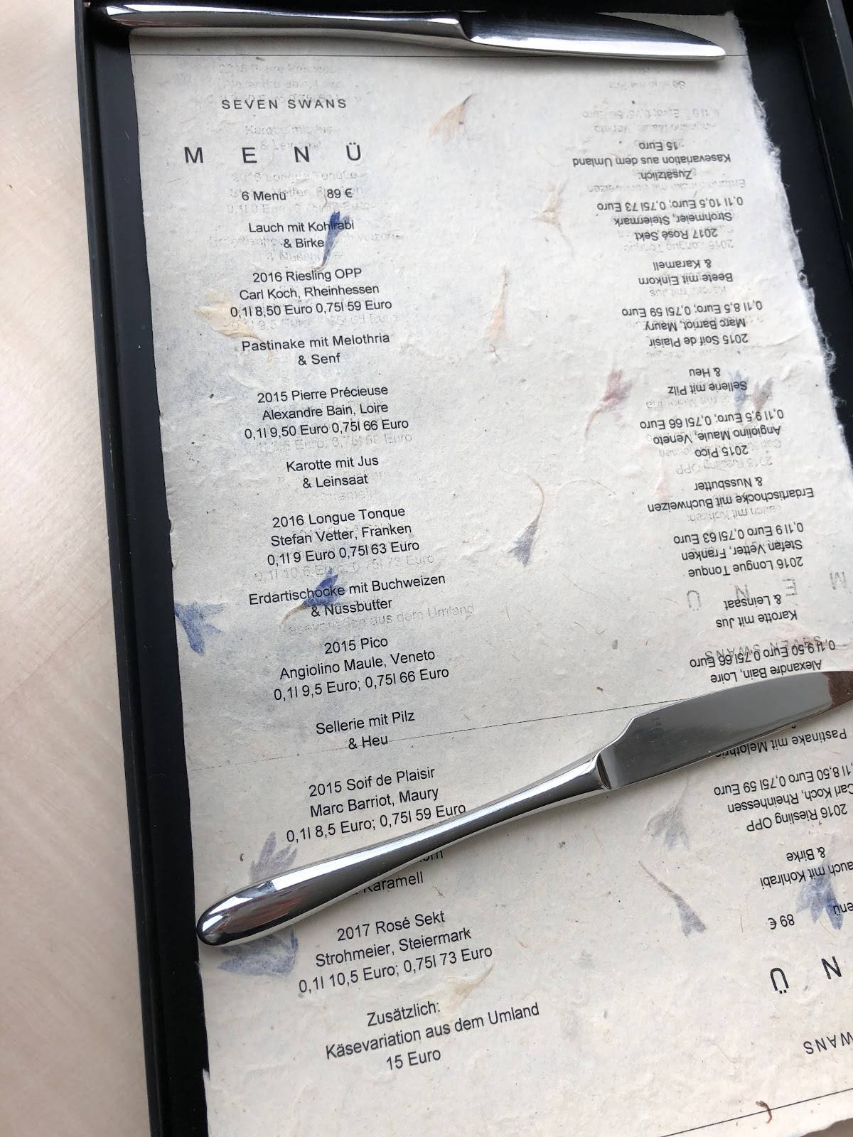 Menu at SEVEN SWANS restaurant, Frankfurt, Mainkai 4