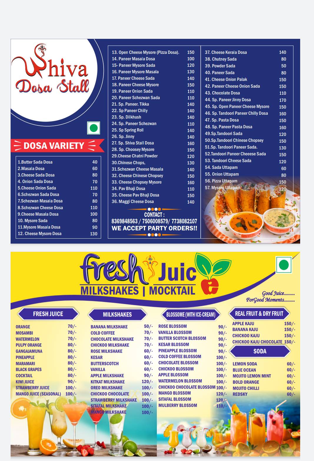 Menu at SHIVA DOSA STALL, Mumbai