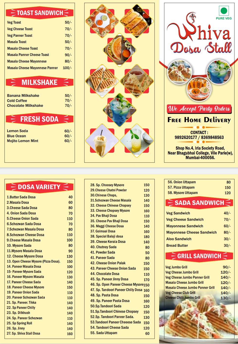 Menu at SHIVA DOSA STALL, Mumbai