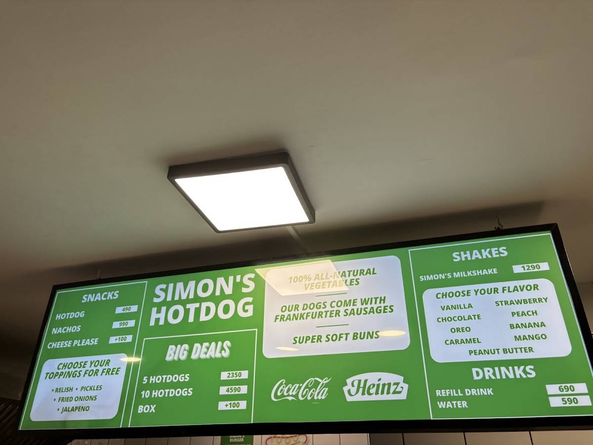 Menu at SIMON'S HOTDOG restaurant, Budapest