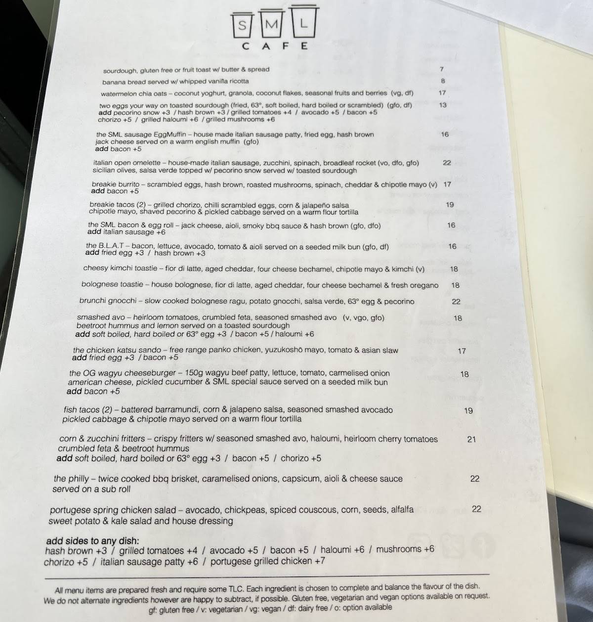 Menu at SML Cafe, North Willoughby