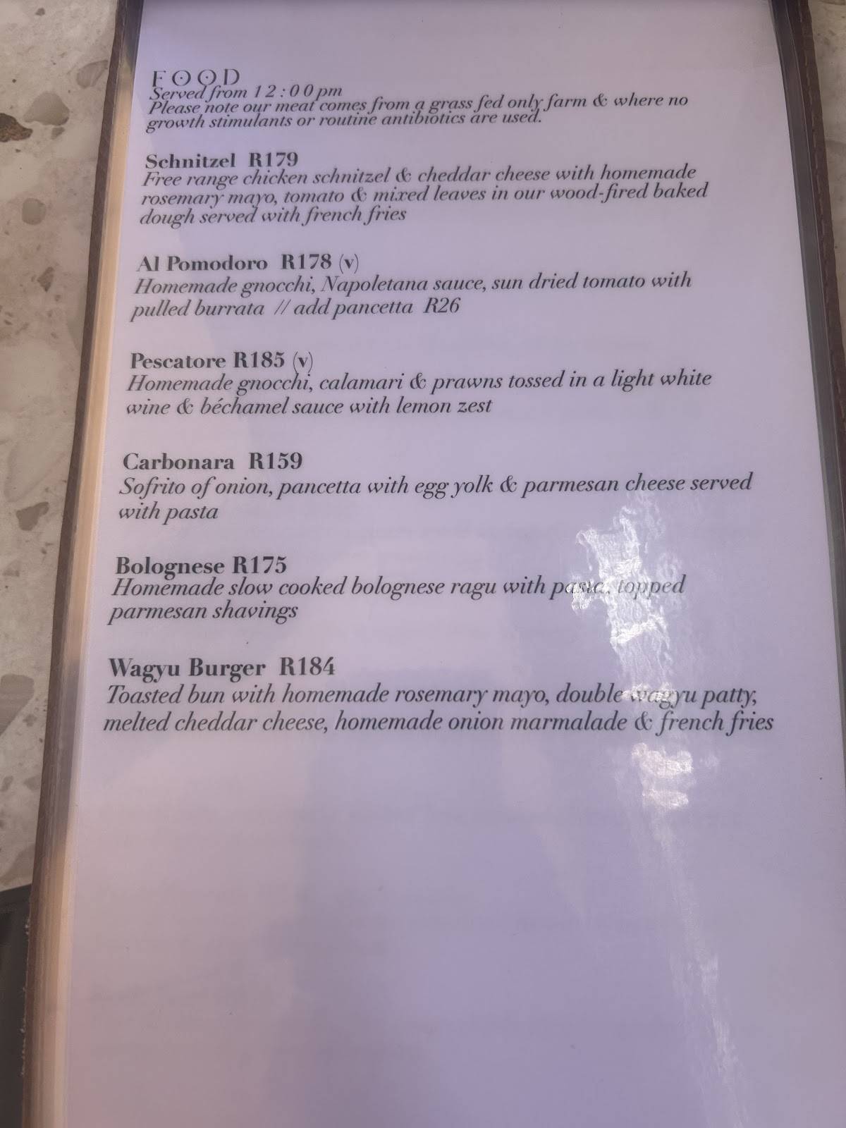 Menu at SOFIA restaurant, Cape Town