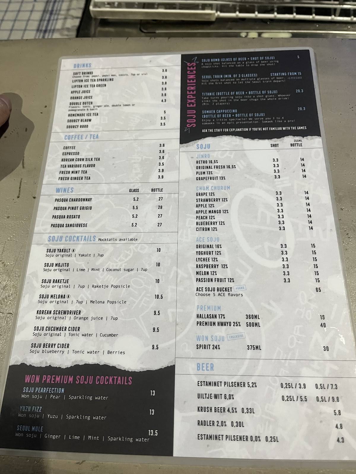 Menu at SOJU Bar, Amsterdam