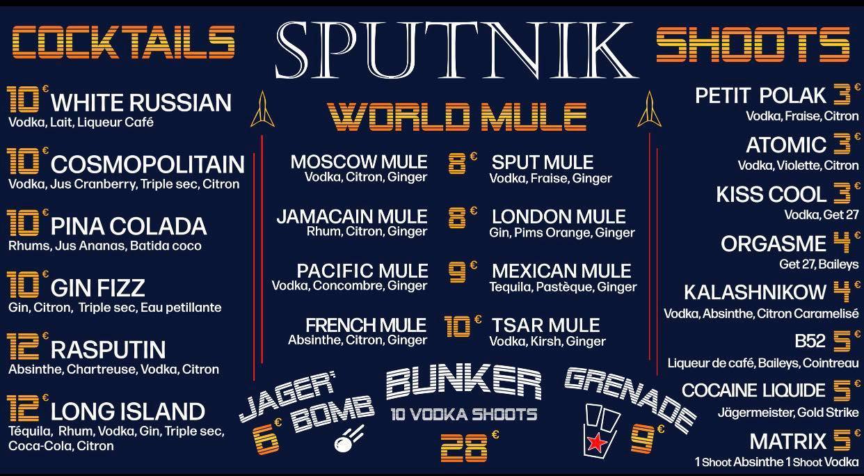 Menu au SPUTNIK BAR, Bordeaux