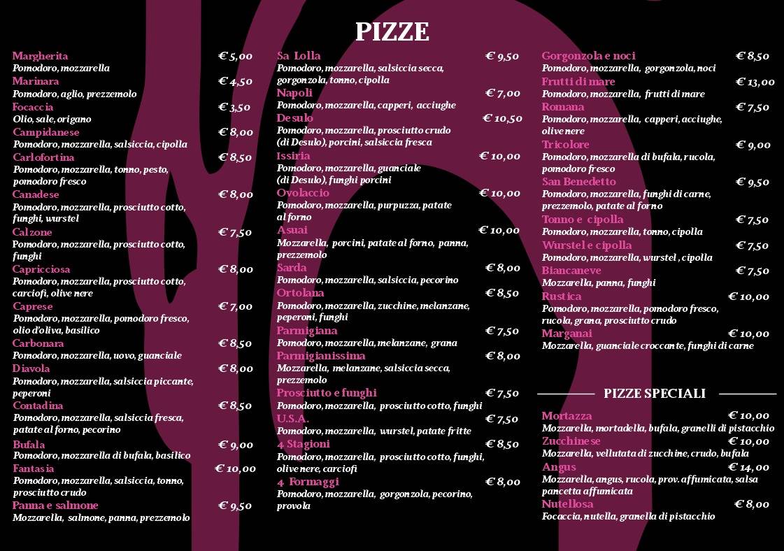Speisekarte von Sa Lolla Pizzeria, Iglesias