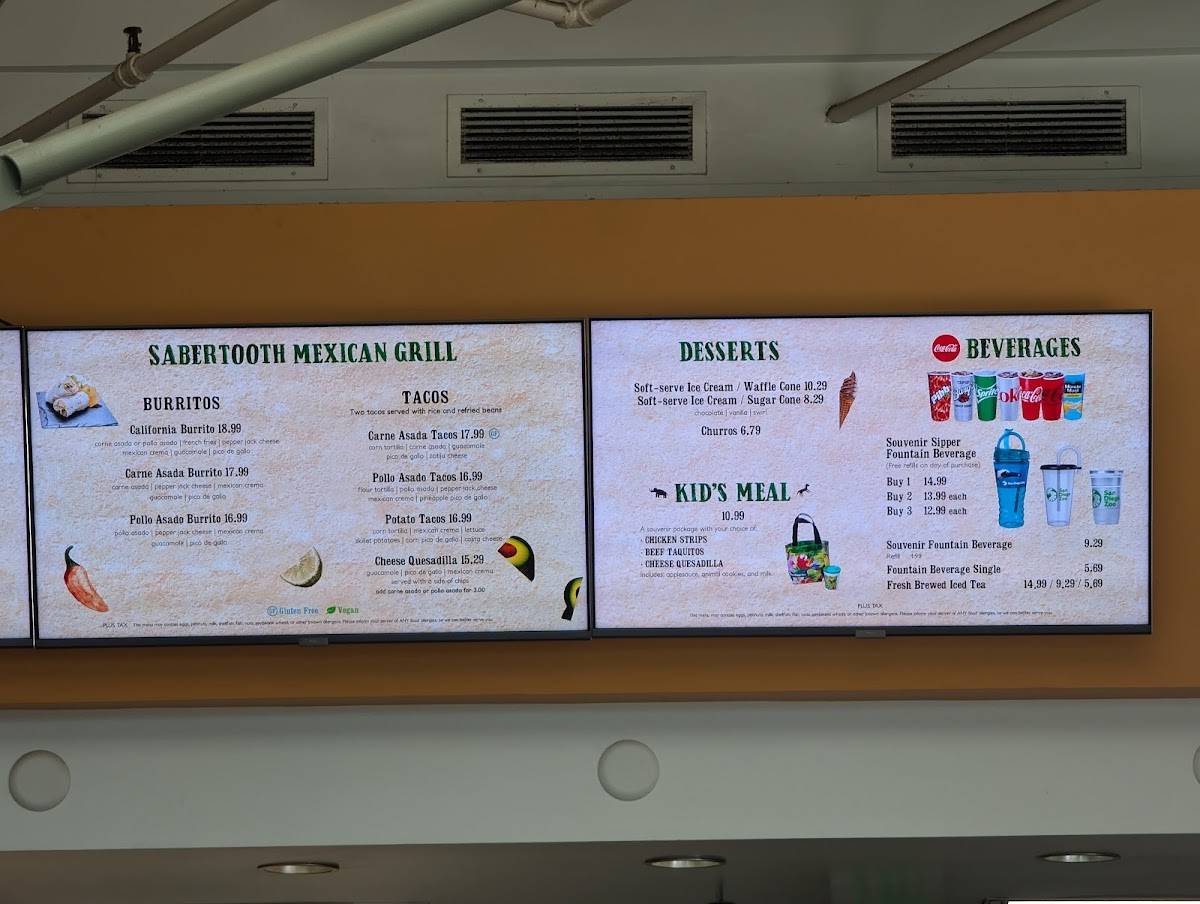 Menu at Sabertooth Mexican Grill restaurant, San Diego, Zoo Dr