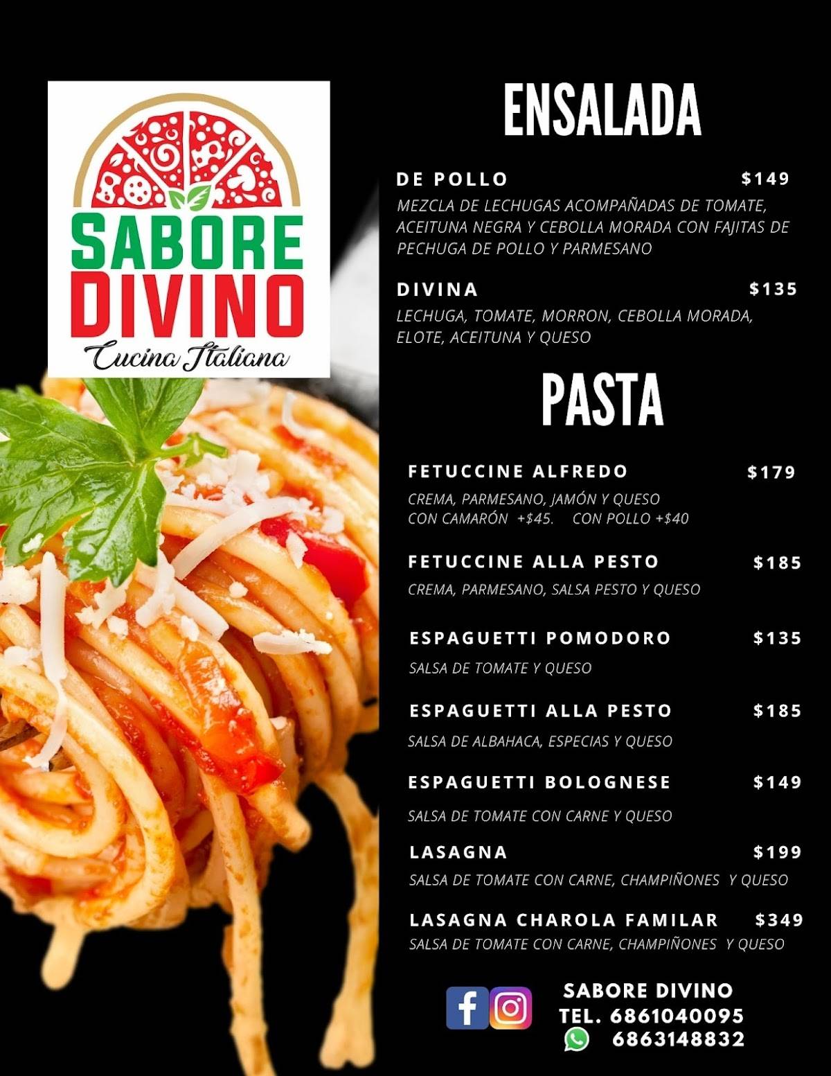 Menu at Sabore Divino restaurant, Mexicali