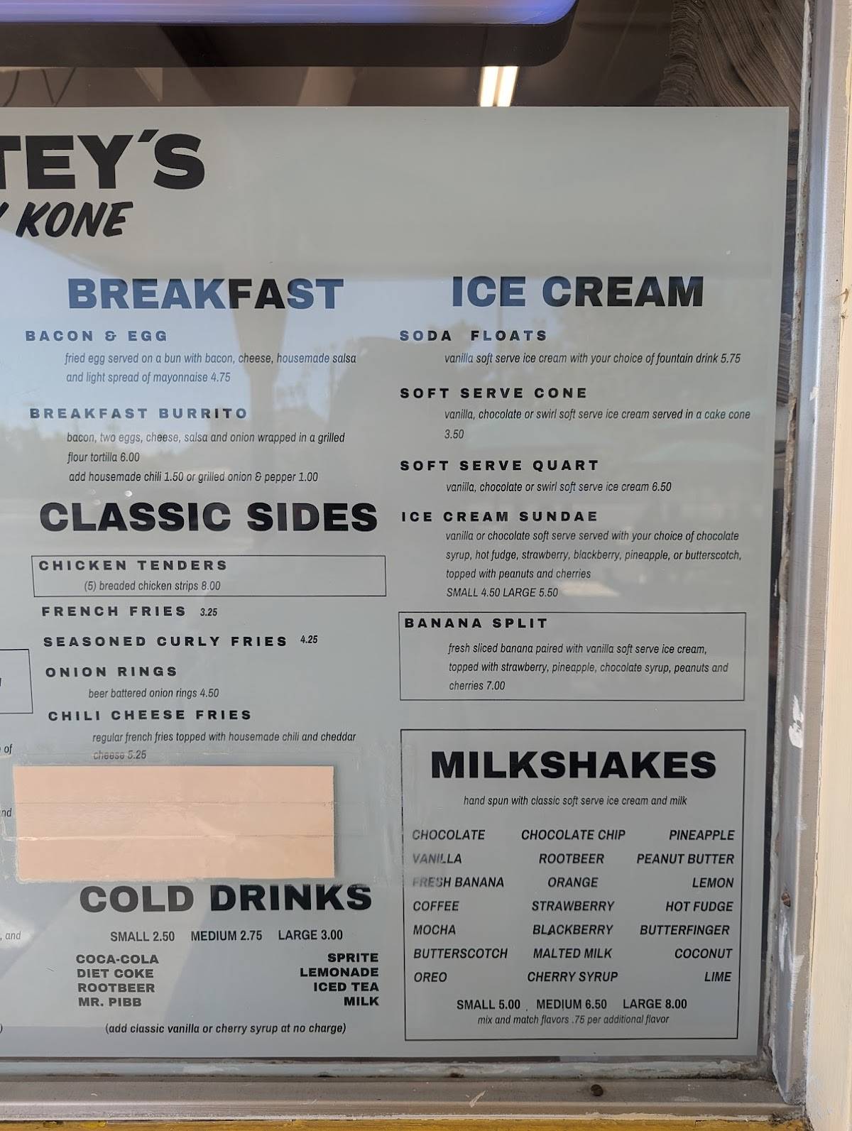 Menu at Whitey's Jolly Kone fast food, West Sacramento