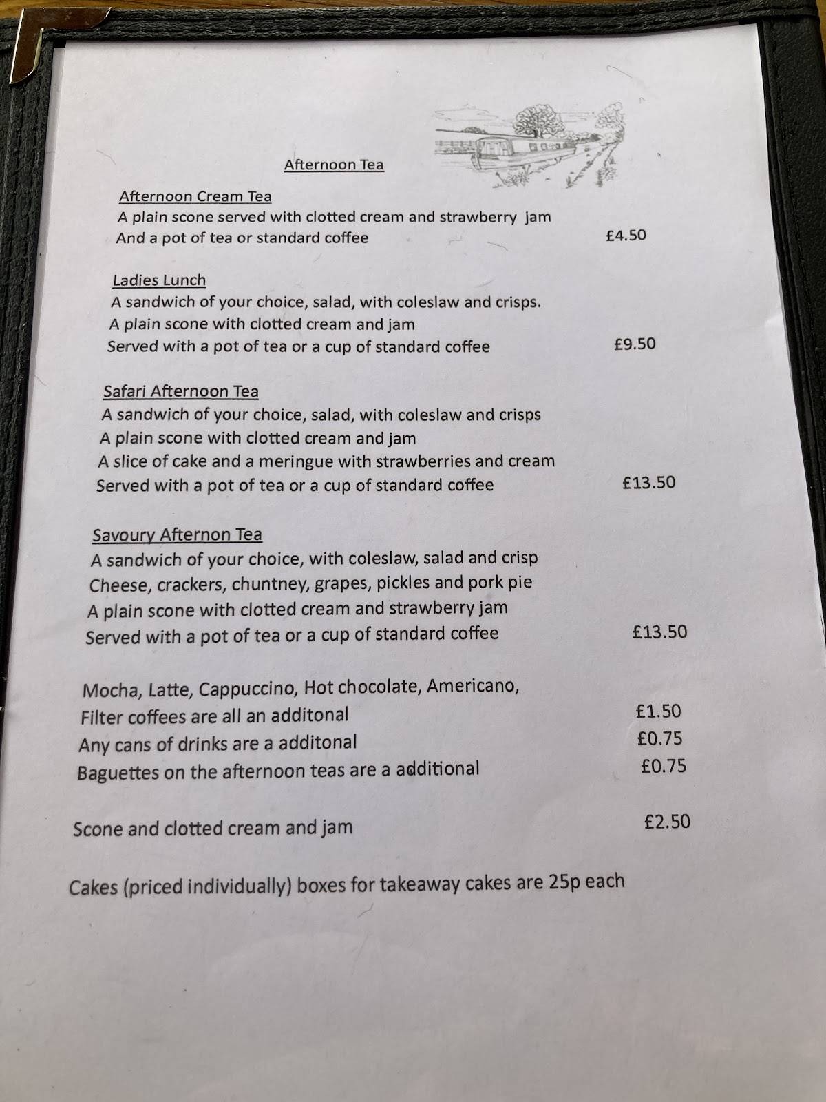 Menu at Safari narrow boat tearoom cafe, Manchester