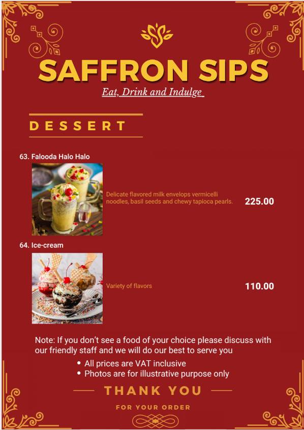 Carta de Saffron Sips - Cebu- Indian Restaurant, Cebú