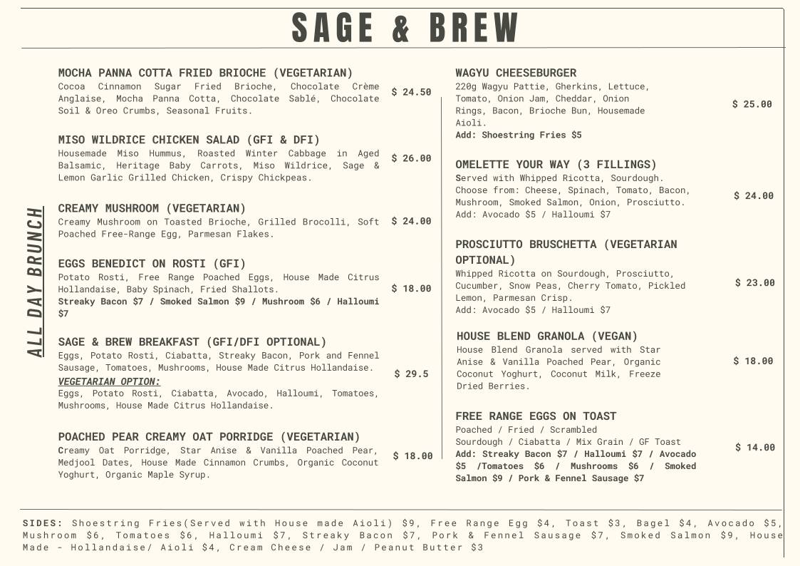 Menu at Sage and Brew restaurant, Auckland
