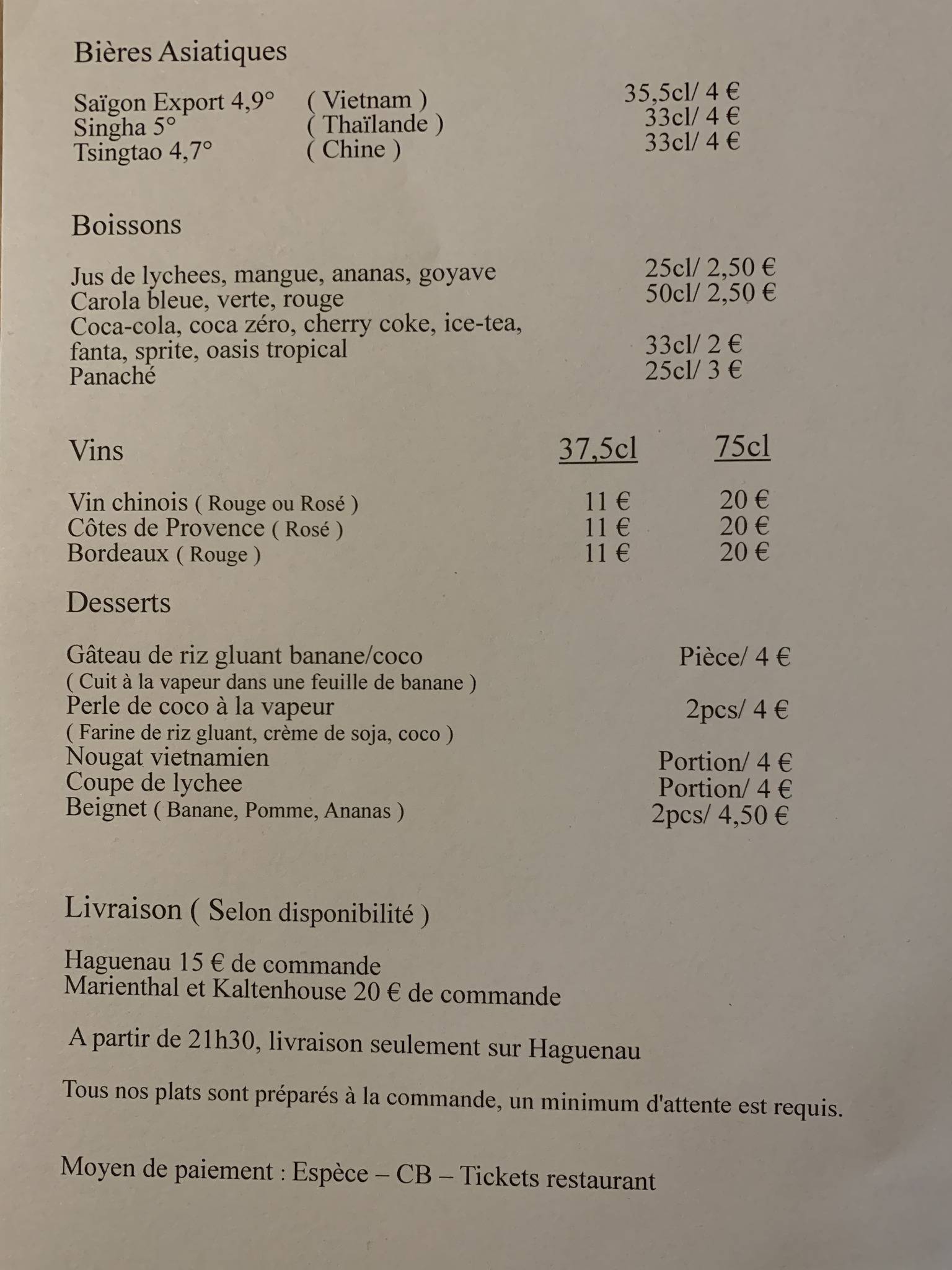 Menu au Saïgon Express restaurant, Haguenau