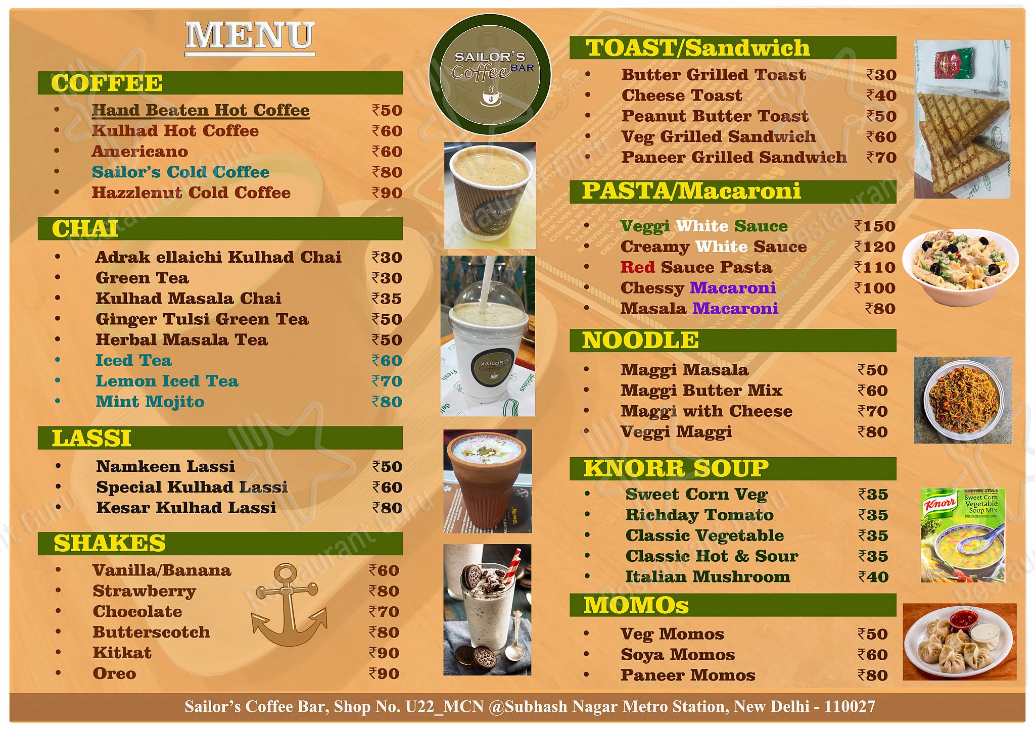 Menu at Sailor's Coffee Bar, New Delhi