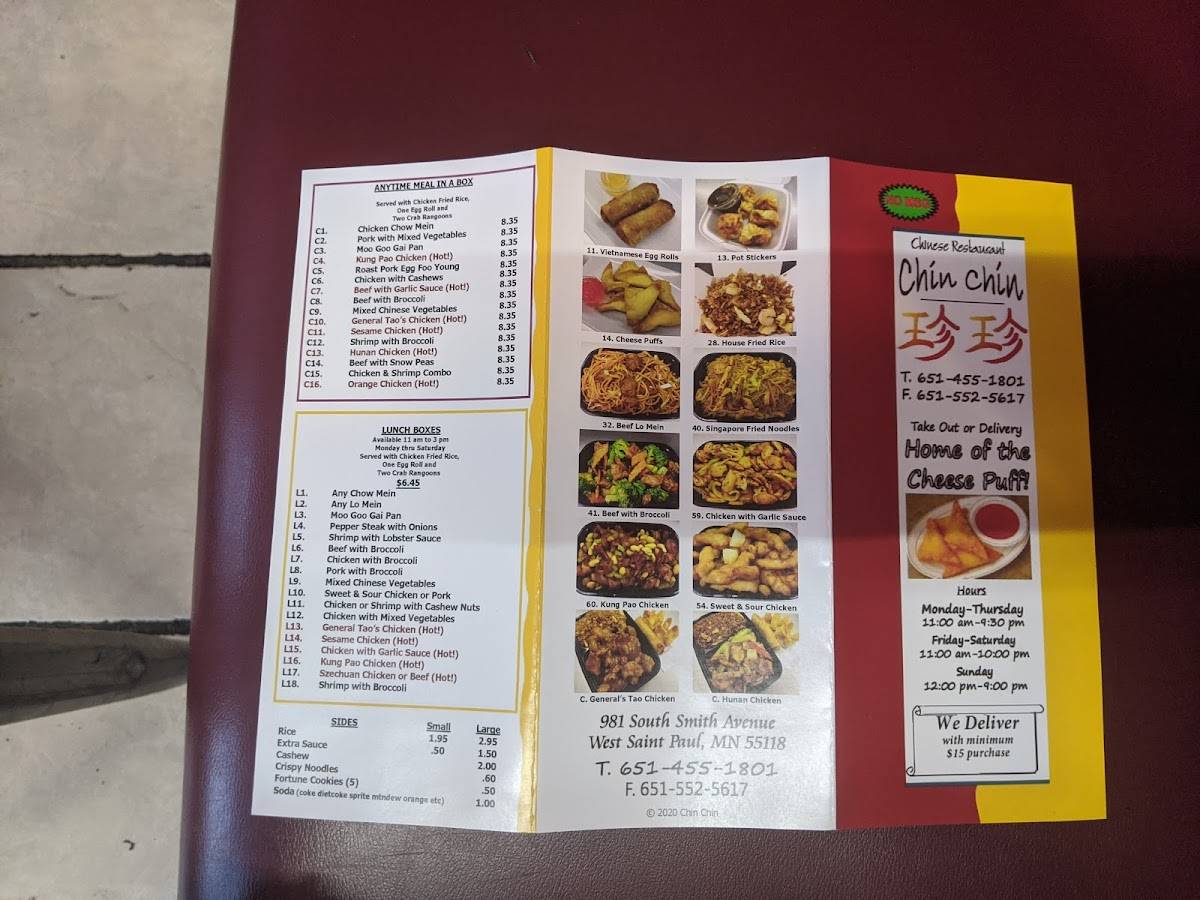 Menu at Chin Chin restaurant, West Saint Paul