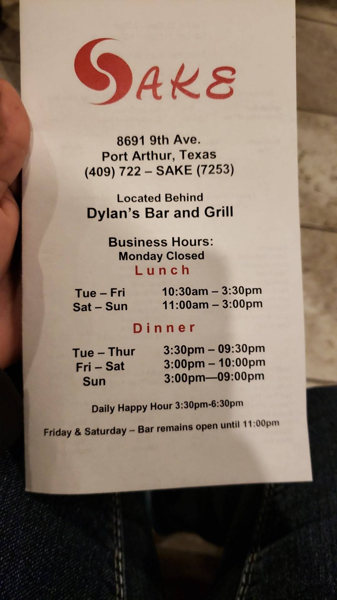 Menu at Sake Sushi Bar & Lounge, Port Arthur