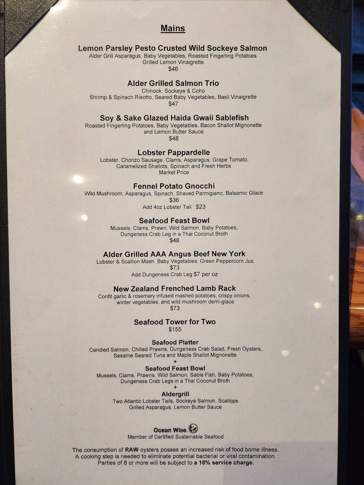 Menu at Salmon House On The Hill restaurant, West Vancouver