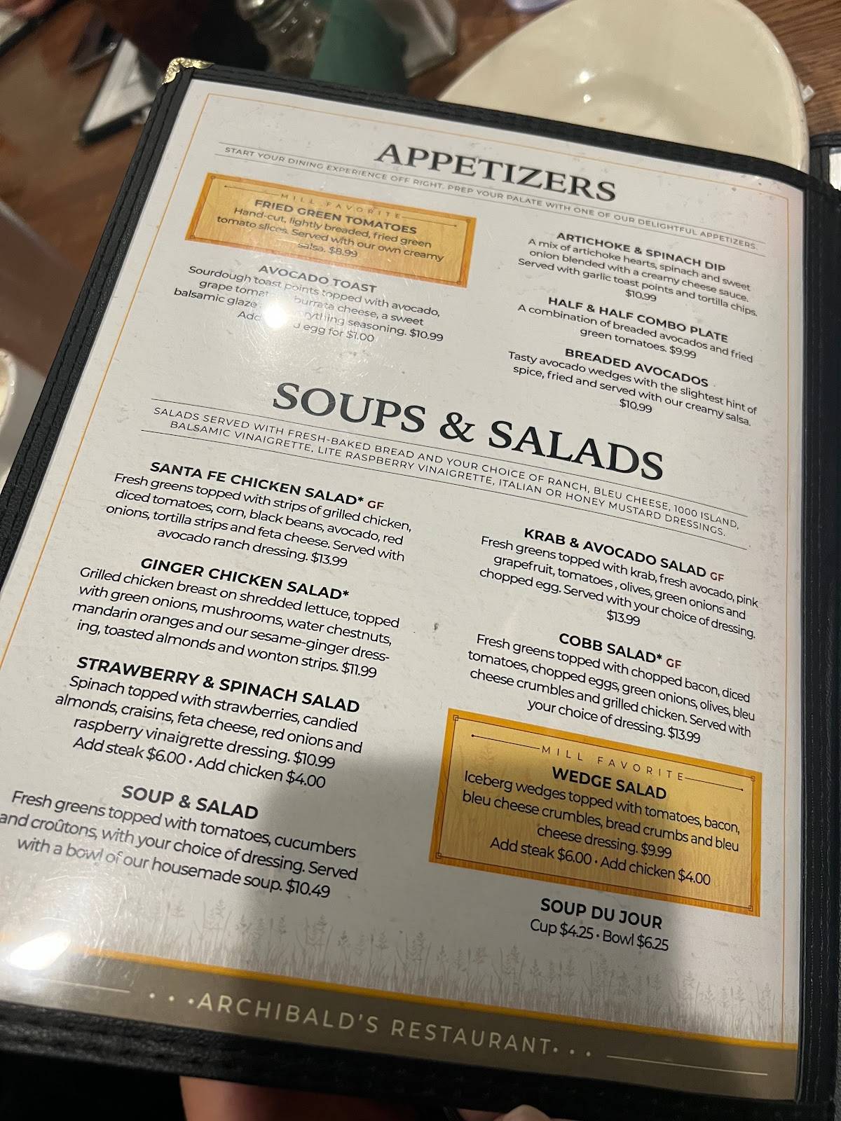 Menu at Archibald’s Restaurant at Gardner Village, West Jordan