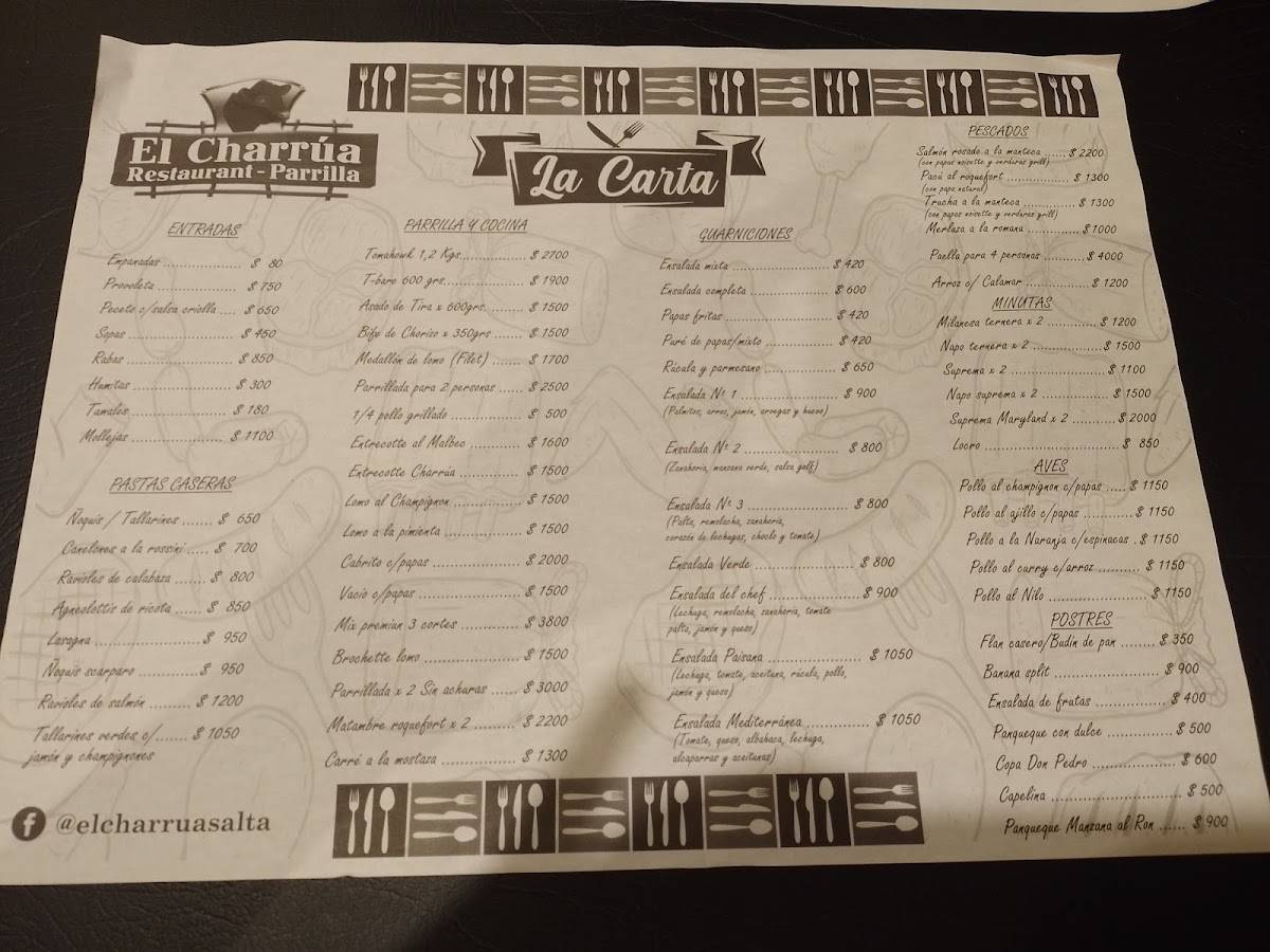Menu at El Charrúa Restaurante y Parrillada, Salta, Caseros 221