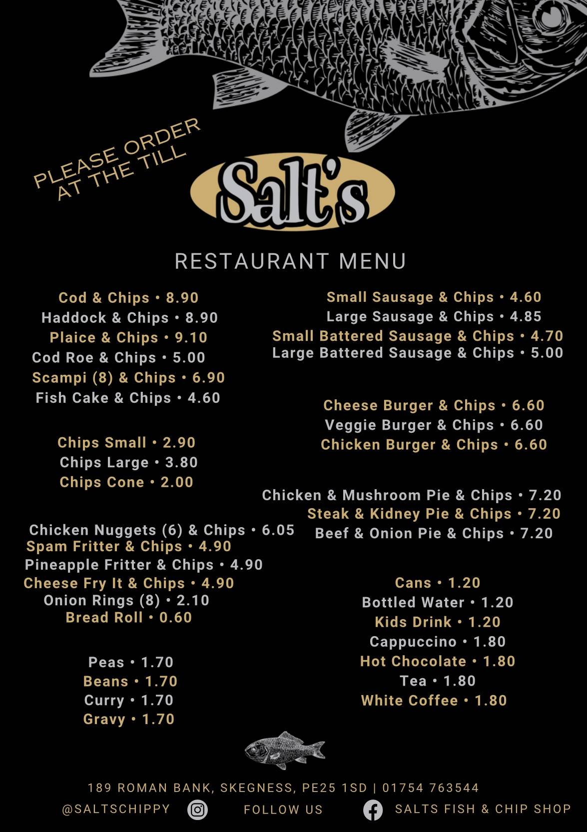 Menu at Salts Fish & Chip Shop fast food, Skegness
