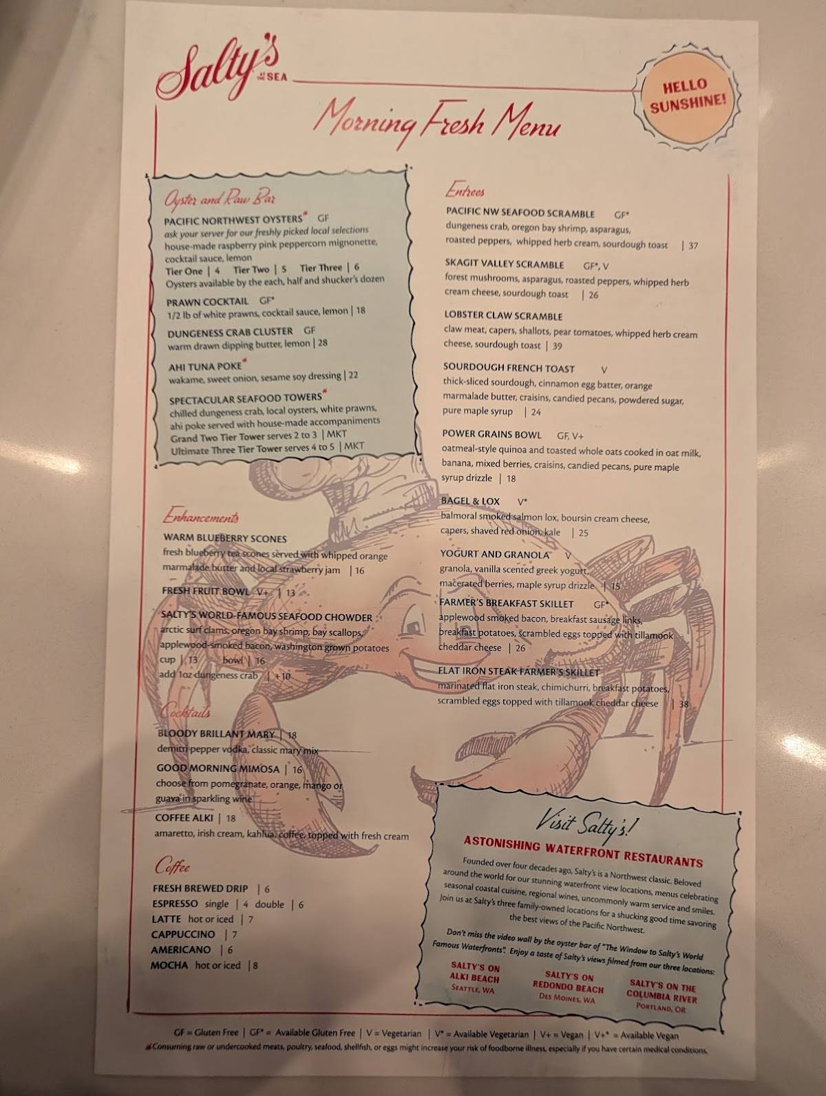Menu at Salty's at the SEA restaurant, Seattle