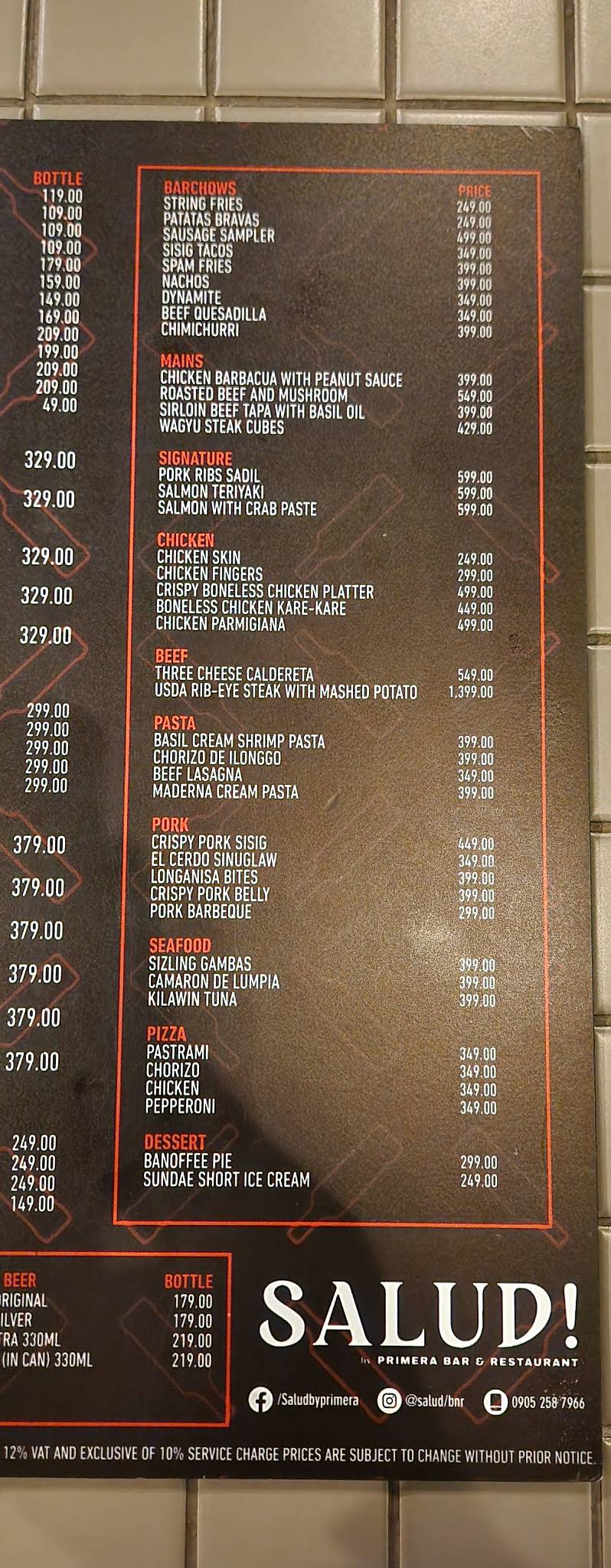 Menu at Salud! by Primera Bar & Restaurant, Makati