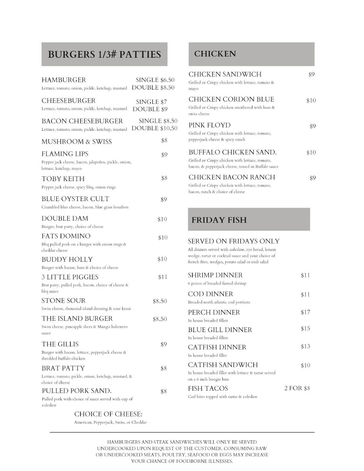 Menu at Samantha's Double Dam Bar AKA Ring Of Fire, Two Rivers