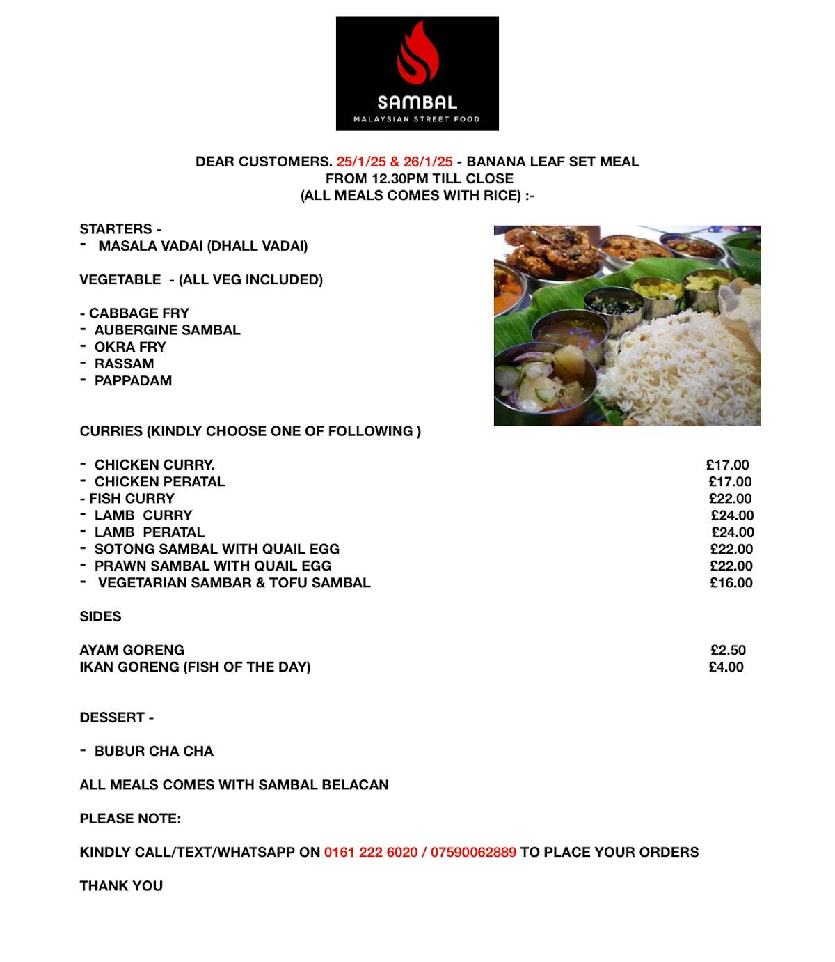 Menu at Sambal restaurant, Manchester