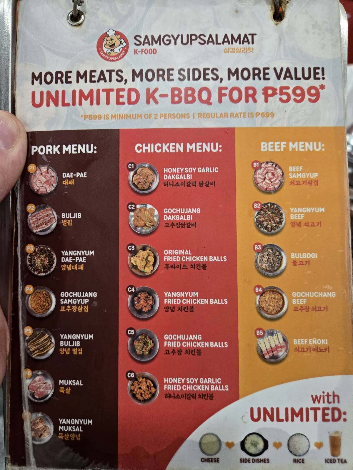 Menu at Samgyupsalamat Limketkai Mall restaurant, Cagayan de Oro