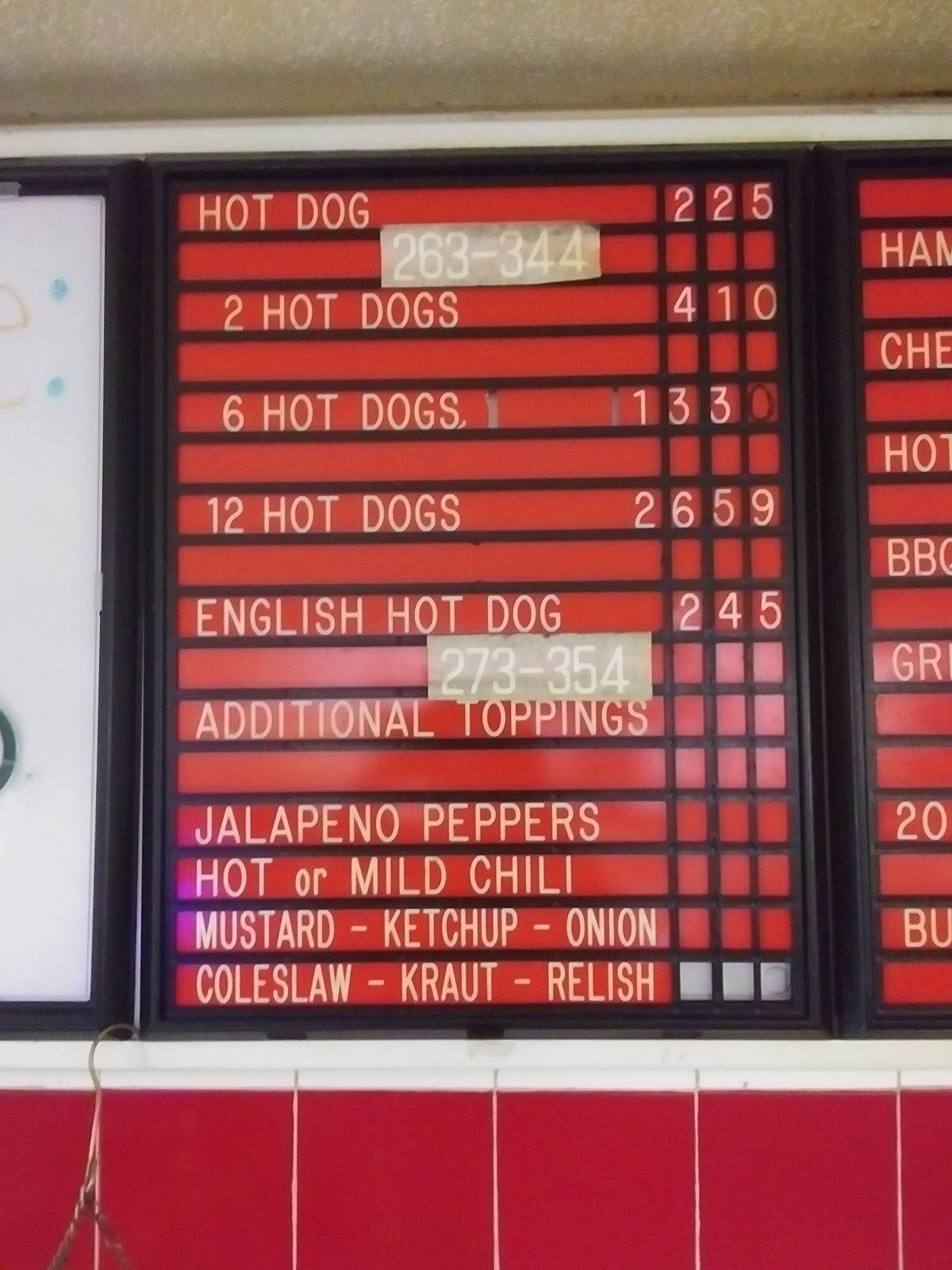 Menu at Sam's Hot Dogs restaurant, Charleston, Malden Dr