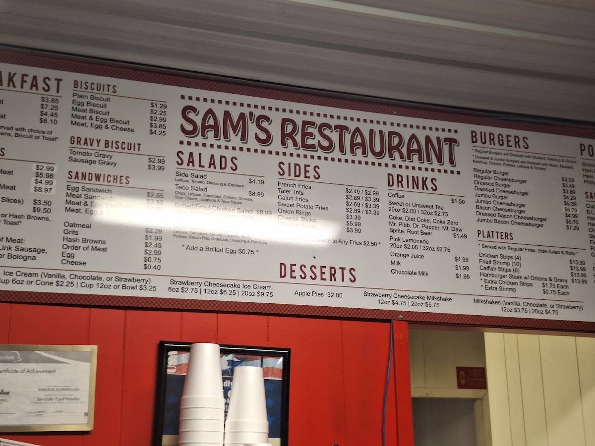 Menu at Sam's Restaurant, Sandersville