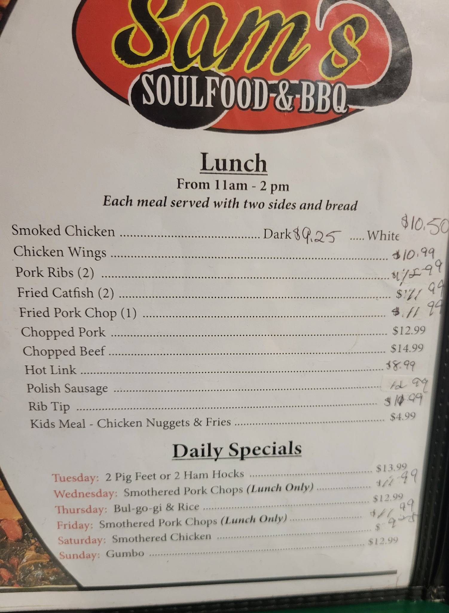 Menu at Sam's Soul Food & Barbeque, Lawton