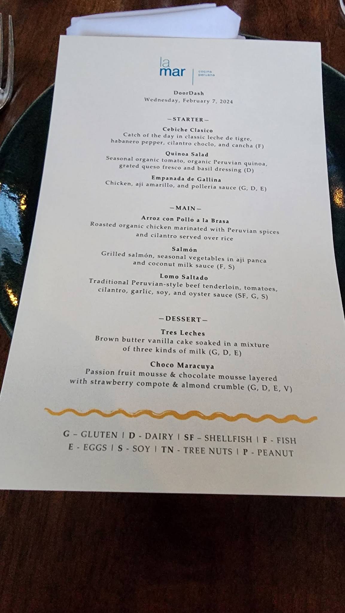Carta del restaurante La Mar Cocina Peruana, San Francisco