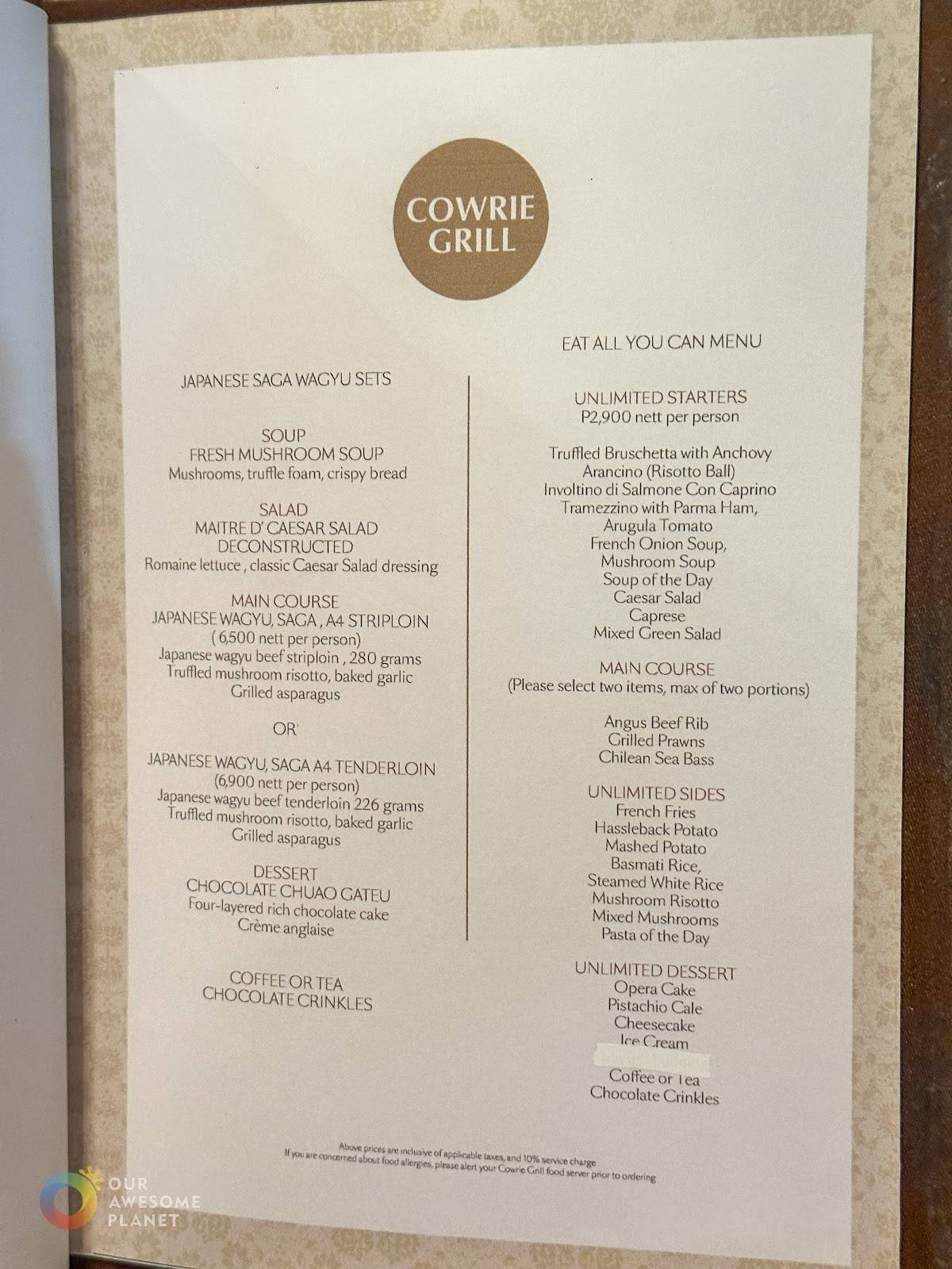 Menu at Cowrie Grill - Greenhills Shopping Center steakhouse, San Juan ...