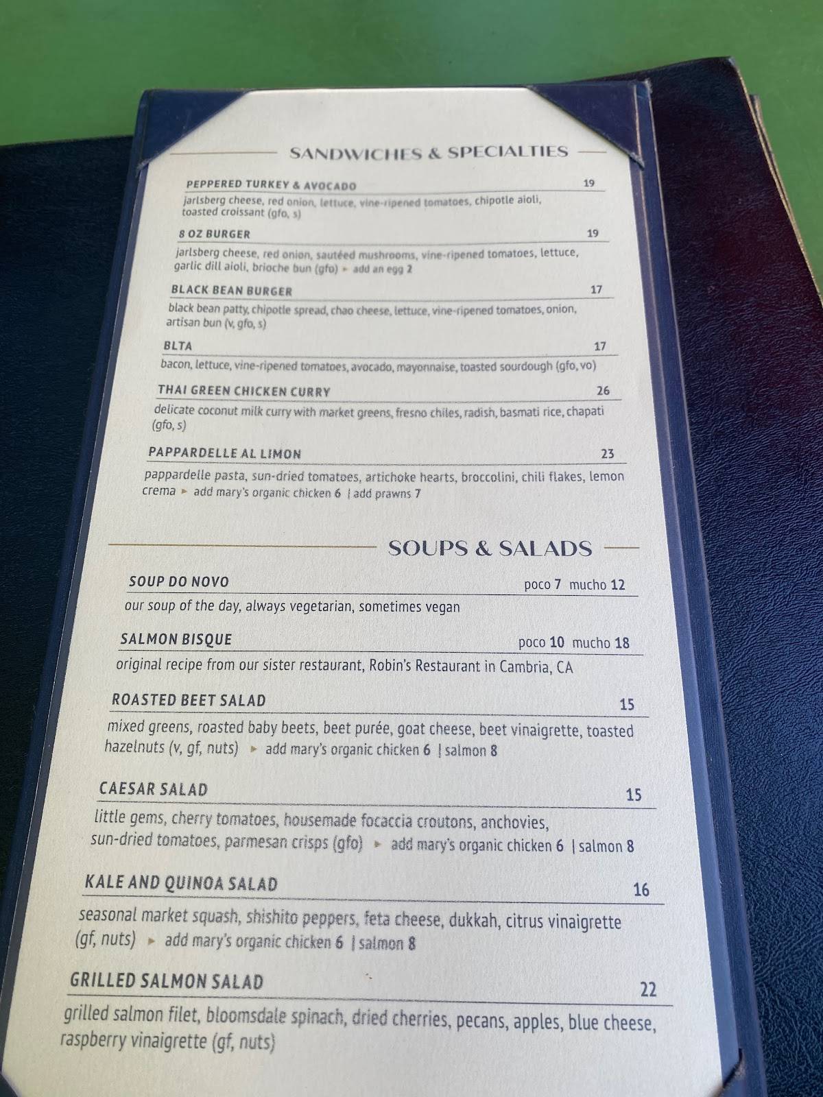 Menu at Novo restaurant, San Luis Obispo