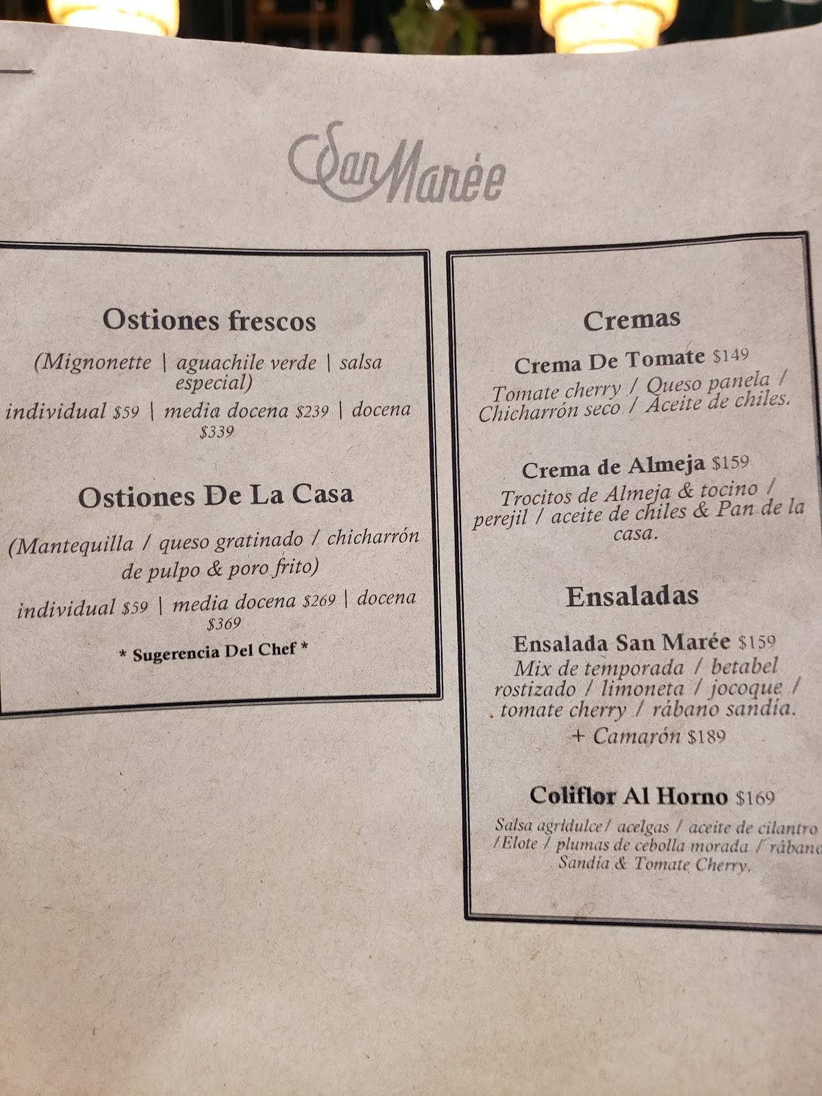Carta del pub y bar San Mareé, Tijuana