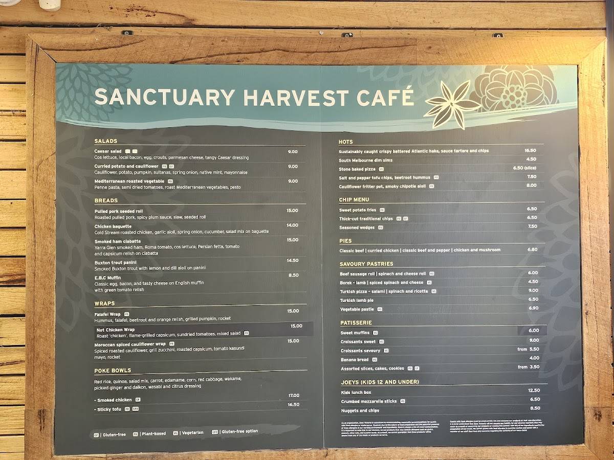 Menu at Sanctuary Harvest cafe, Healesville