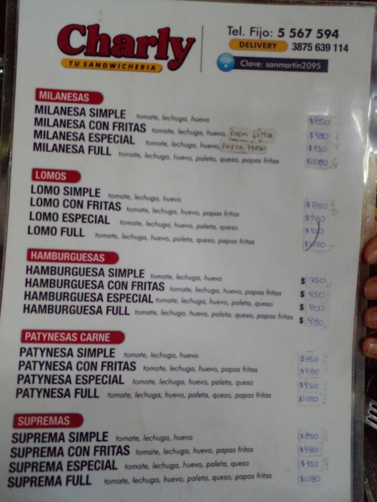 Carta del restaurante Sandwicheria Charly, Salta, Av. San Martín 2095