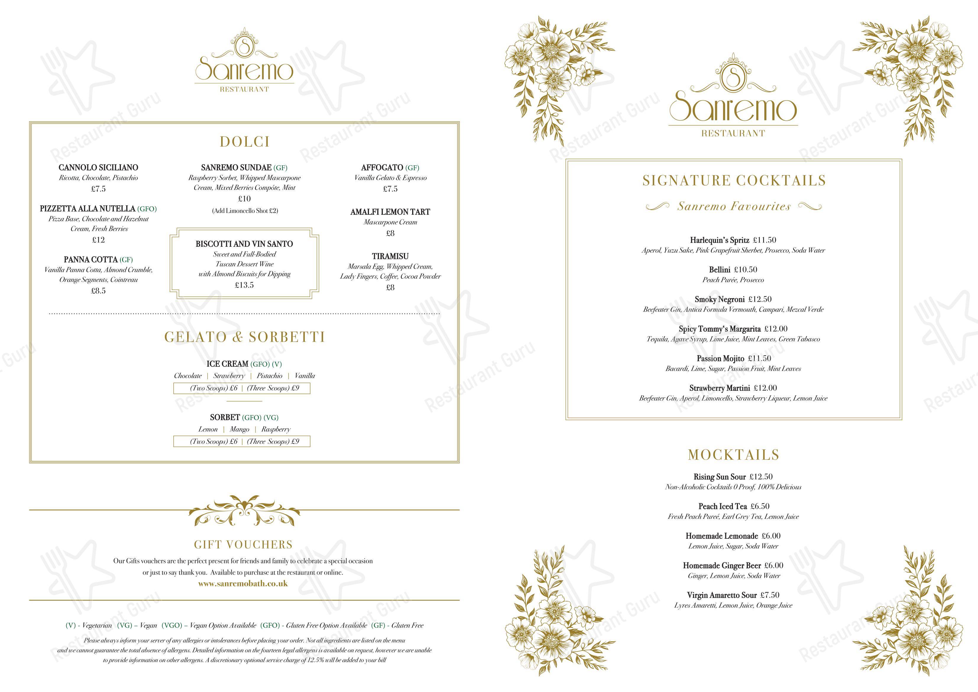 Menu at Sanremo The Italian Restaurant, Bath