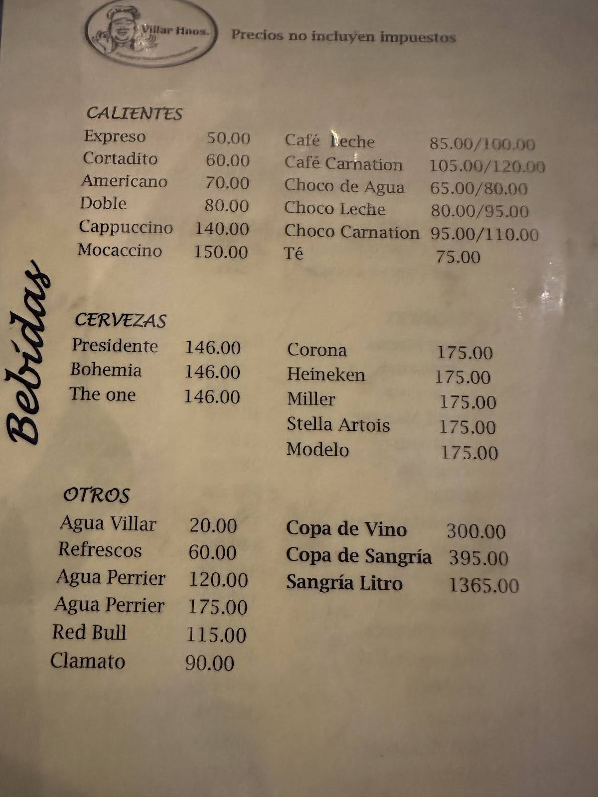 Carta del restaurante Villar Hermanos, Santo Domingo