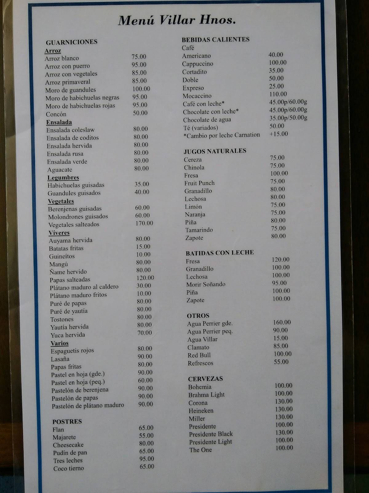 Menu at Villar Hermanos restaurant, Santo Domingo