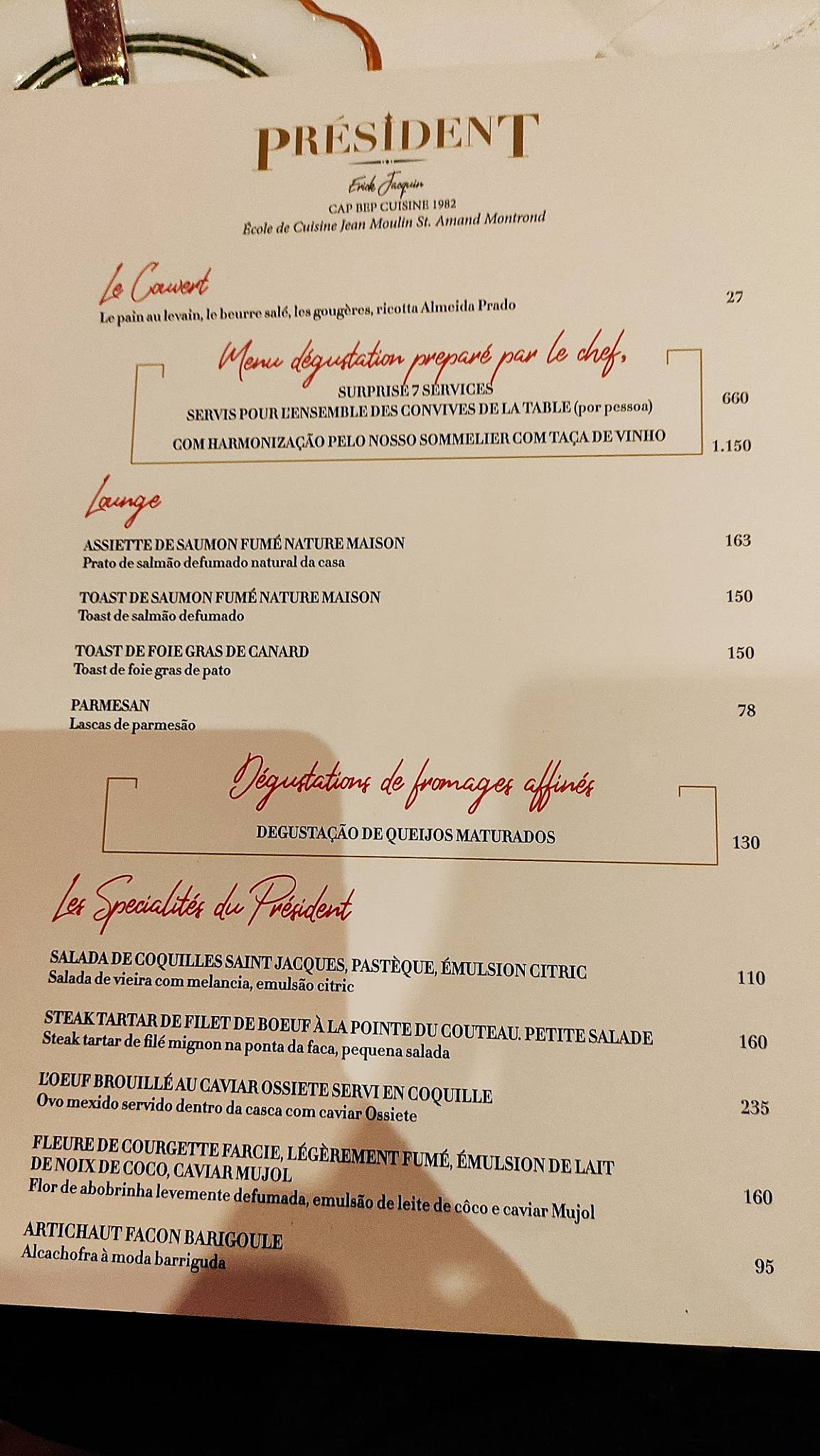 Menu em Restaurante Les Présidents - Erick Jacquin, São Paulo